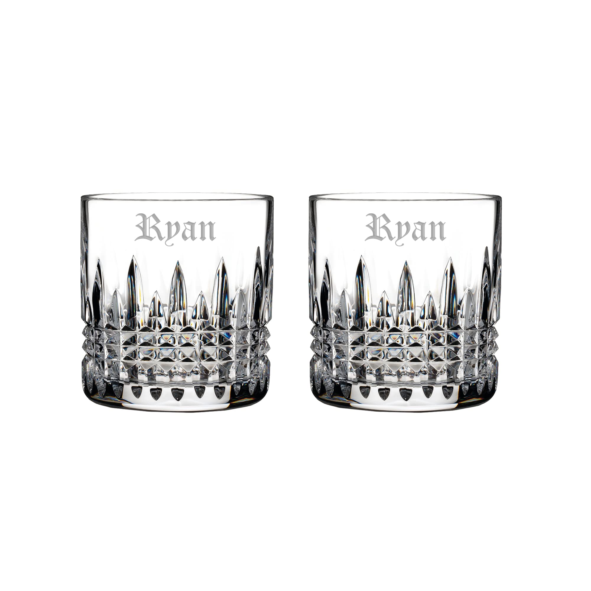 Waterford Personalized Lismore Connoisseur Diamond Straight Sided Tumblers, Set of 2 Custom Engraved Cut Crystal Rocks Glasses for Scotch, Bourbon, Whiskey