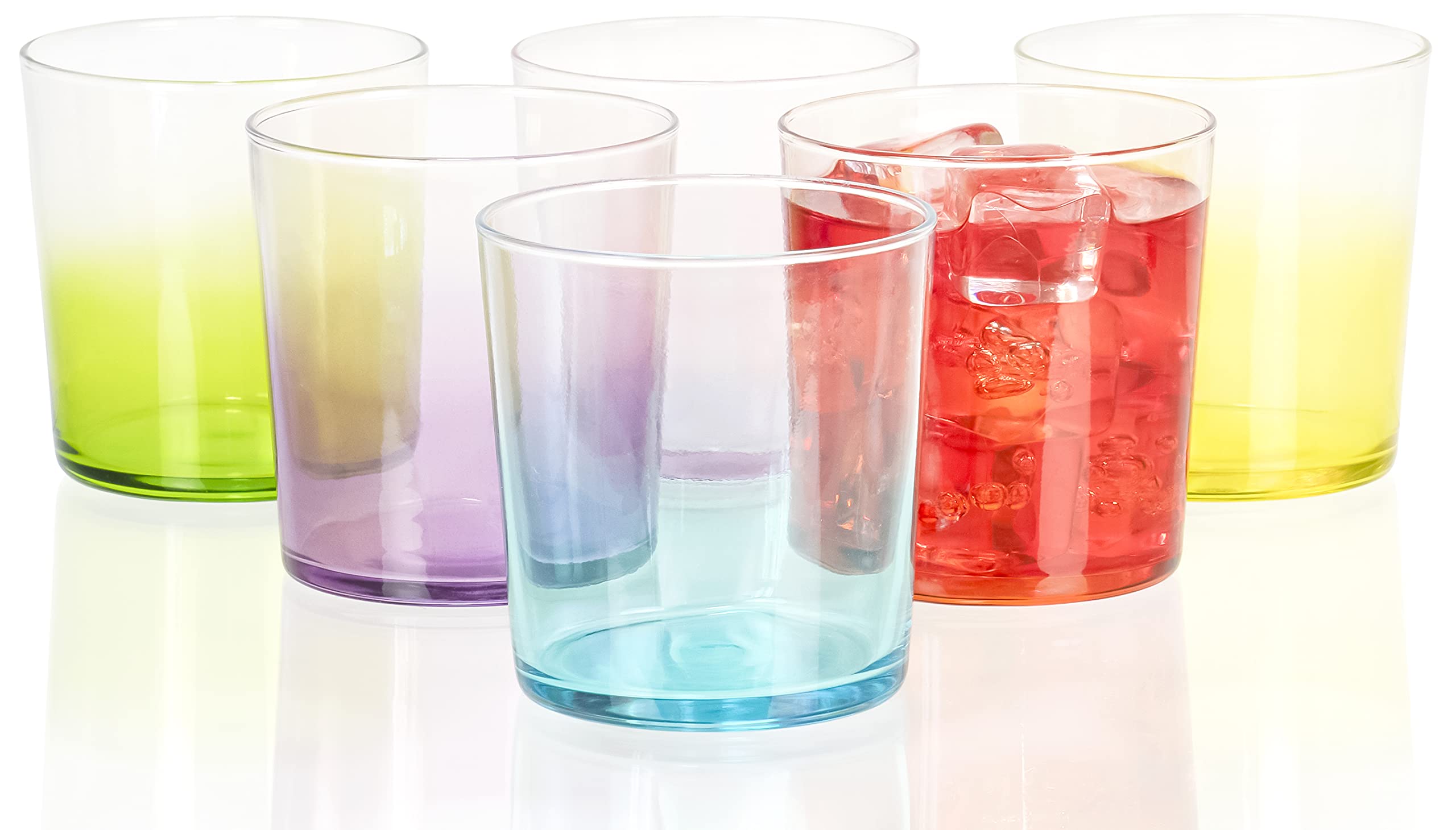 Red Co. Set of 6 Clear 11.75 Oz Rocks Lowball Glasses with Fading Multicolor Bases