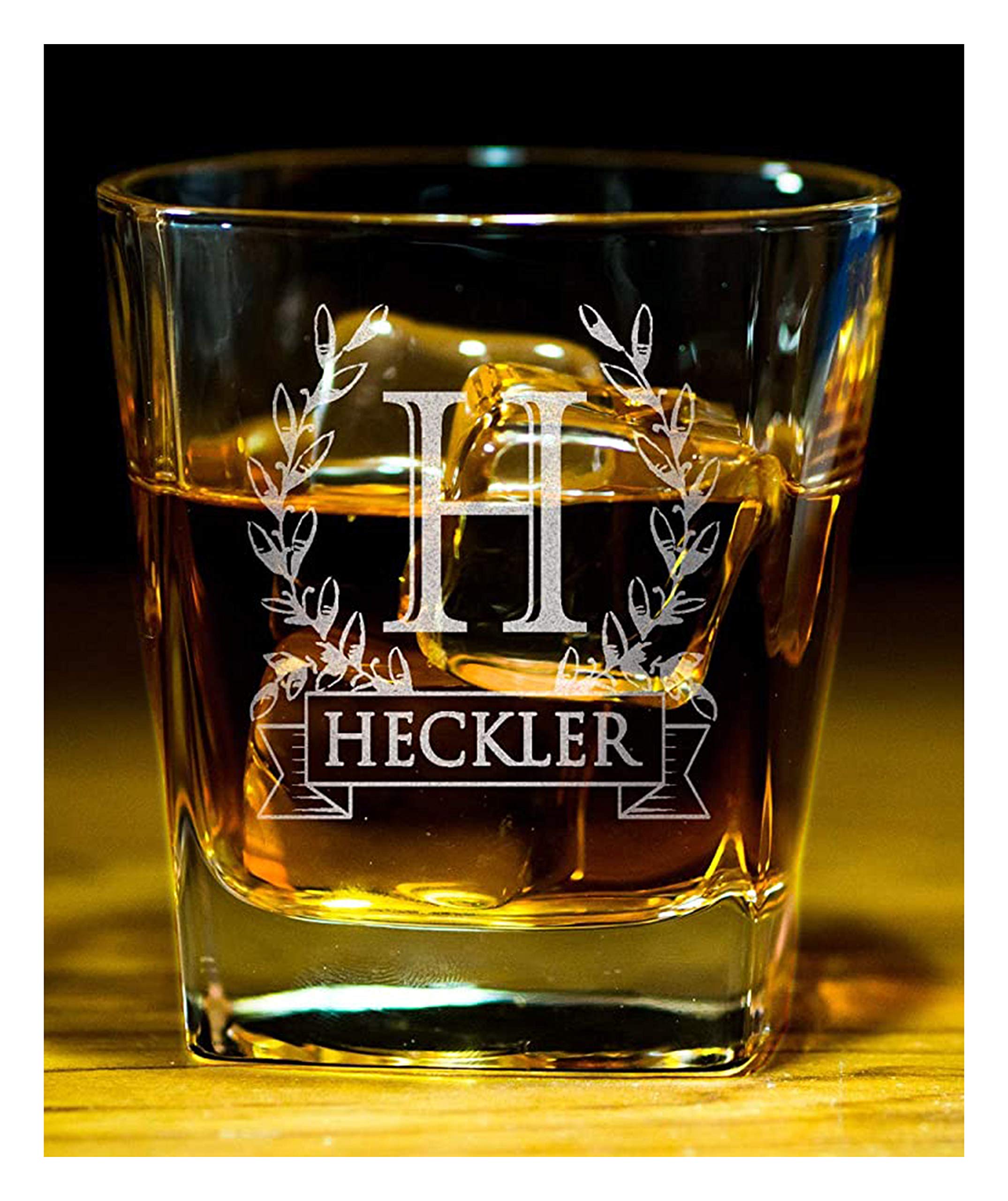 Custom Whiskey Monogram Wreathe Bourbon Rock Glasses Engraved Scotch Glass for Dad Birthday Fathers Day Gift Groomsmen Husband Wedding Gifts for Her