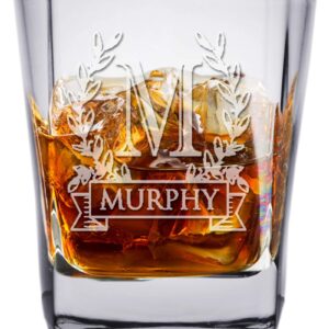 Custom Whiskey Monogram Wreathe Bourbon Rock Glasses Engraved Scotch Glass for Dad Birthday Fathers Day Gift Groomsmen Husband Wedding Gifts for Her