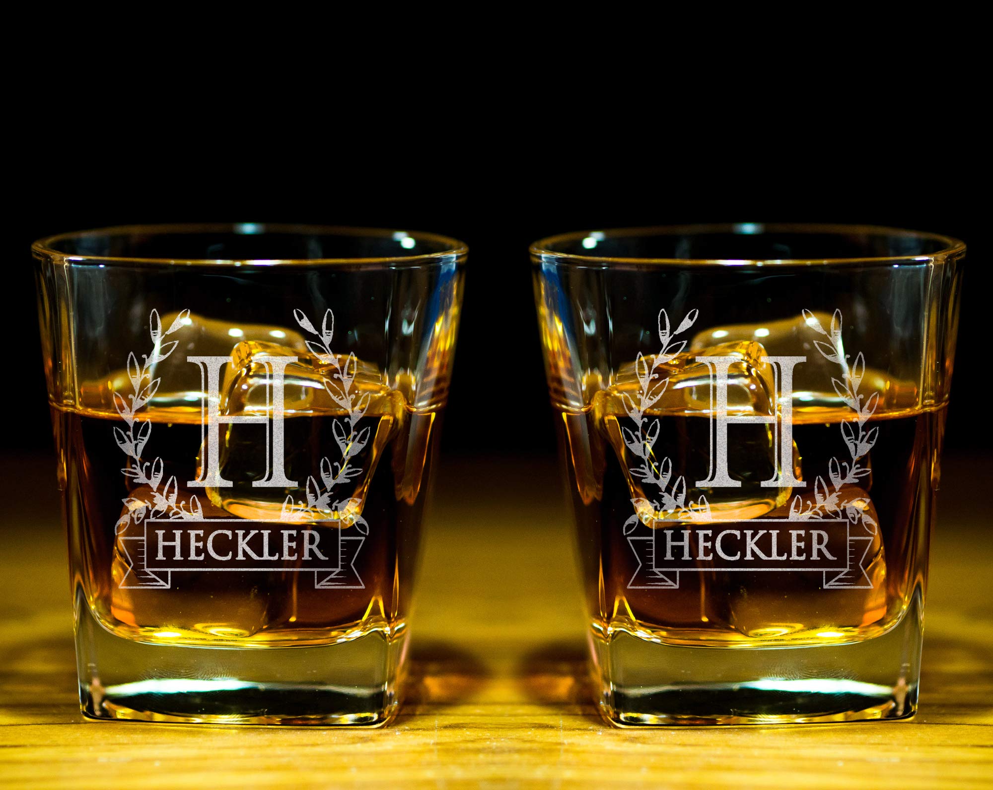 Custom Whiskey Monogram Wreathe Bourbon Rock Glasses Engraved Scotch Glass for Dad Birthday Fathers Day Gift Groomsmen Husband Wedding Gifts for Her