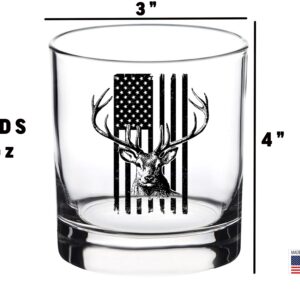 Rogue River Tactical USA Tattered Flag Buck Deer Hunting Old Fashioned Glass Drinking Cup Gift For Hunter