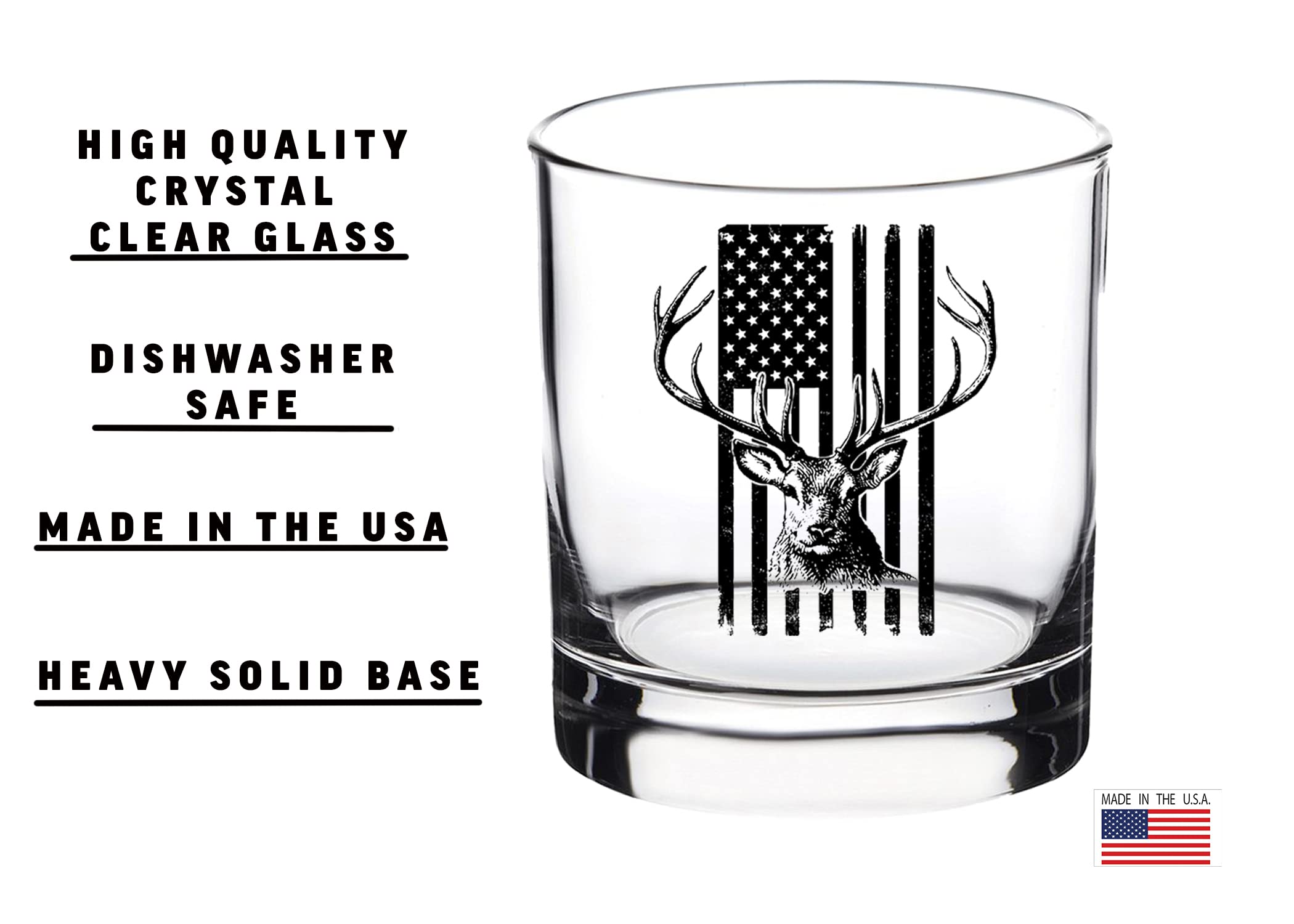 Rogue River Tactical USA Tattered Flag Buck Deer Hunting Old Fashioned Glass Drinking Cup Gift For Hunter