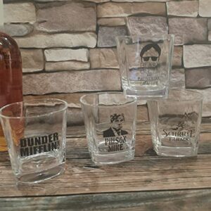 sweet blaze designs the office whiskey glass set - 4 pack - dunder mifflin, prison mike, schrute farms, bears beets battlestar galactica