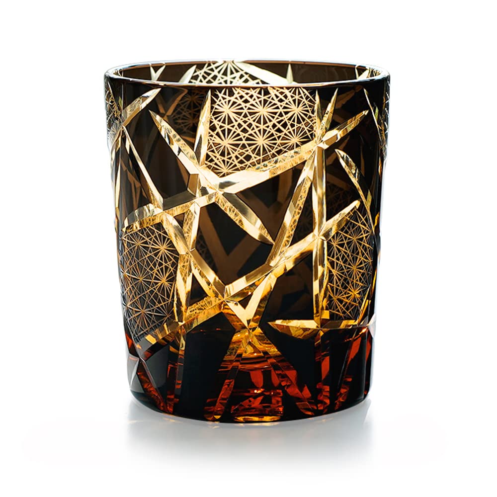 N/C JINZHI Edo Kiriko Old Fashioned Glasses Japanese Style Crystal Amber 8 OZ Black Diamond Cut Glass Cup Tumbler for Vodka Cocktail Whiskey