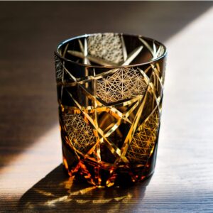 N/C JINZHI Edo Kiriko Old Fashioned Glasses Japanese Style Crystal Amber 8 OZ Black Diamond Cut Glass Cup Tumbler for Vodka Cocktail Whiskey