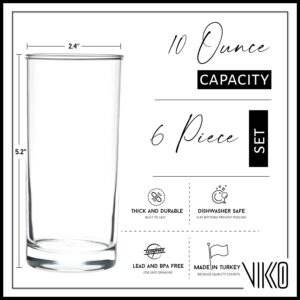 Vikko Water Glasses, Set of 6 Drinking Glasses, Thick and Durable Tumbler, 10 Ounce Tall Kitchen Glasses, Dishwasher Safe Highball Glass Tumbler, Heavy Duty Cups