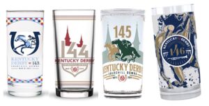 kentucky derby officially licensed mint julep cup/glass set, 4 pack, year 2020, 2019, 2018 & 2017