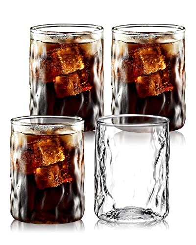 ZHMTang Premium Glass Beer Whiskey Cups Set of 4 Borosilicate Drinking Glasses for Iced coffee Cold Drinks Elegant Look Glassware for Beer and Whiskey Enthusiasts