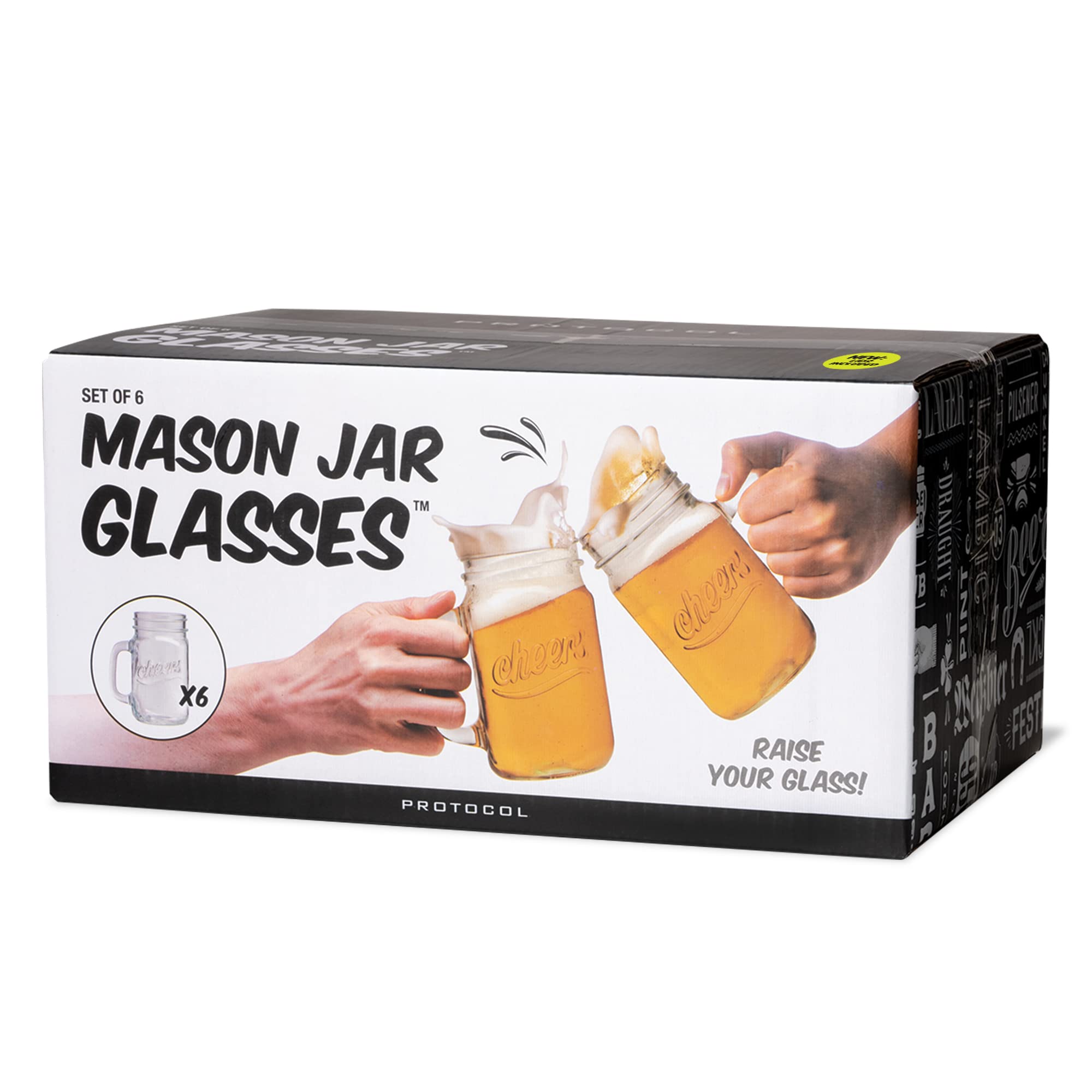 Protocol Mason Jar Glasses with Handles | Set of 6 | 16 Oz | Includes Lids I Dishwasher Safe Drinking Glasses | Perfect for wedding showers, backyard BBQs | Great stocking stuffer, party favor