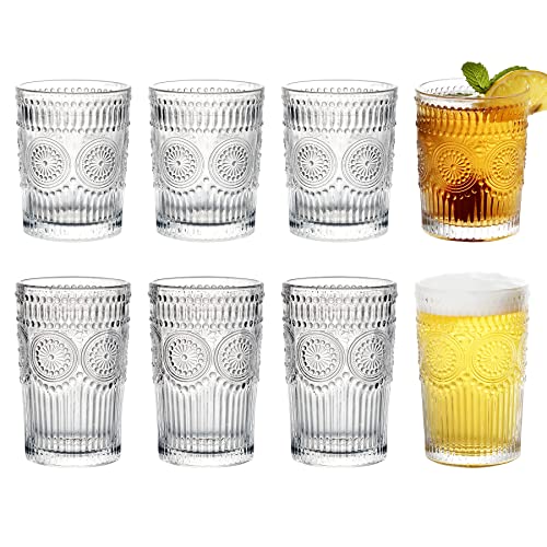 SAIURE Vintage Drinking Glasses, Hobnail/Embossed/Clear Glass Coffee Mugs Set of 8, 10 & 13 oz Thick Modern Kitchen Glassware Cup Set Unique Bubble Cocktails, Cappuccino, Latte, Great Gift