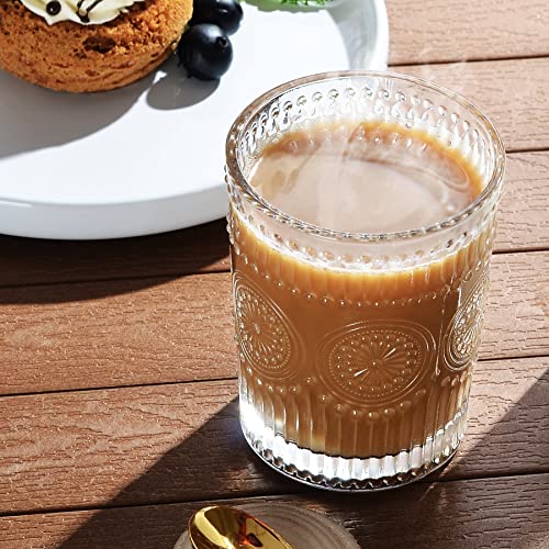 SAIURE Vintage Drinking Glasses, Hobnail/Embossed/Clear Glass Coffee Mugs Set of 8, 10 & 13 oz Thick Modern Kitchen Glassware Cup Set Unique Bubble Cocktails, Cappuccino, Latte, Great Gift