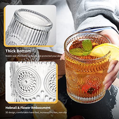 SAIURE Vintage Drinking Glasses, Hobnail/Embossed/Clear Glass Coffee Mugs Set of 8, 10 & 13 oz Thick Modern Kitchen Glassware Cup Set Unique Bubble Cocktails, Cappuccino, Latte, Great Gift