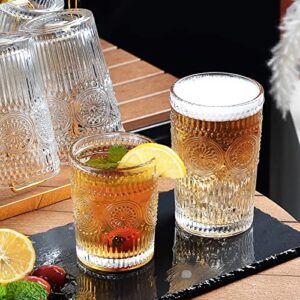 SAIURE Vintage Drinking Glasses, Hobnail/Embossed/Clear Glass Coffee Mugs Set of 8, 10 & 13 oz Thick Modern Kitchen Glassware Cup Set Unique Bubble Cocktails, Cappuccino, Latte, Great Gift