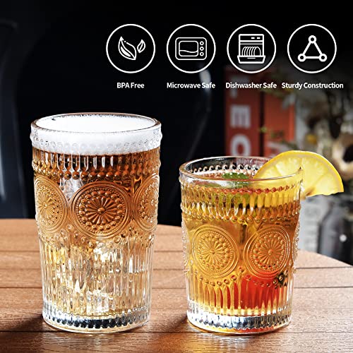 SAIURE Vintage Drinking Glasses, Hobnail/Embossed/Clear Glass Coffee Mugs Set of 8, 10 & 13 oz Thick Modern Kitchen Glassware Cup Set Unique Bubble Cocktails, Cappuccino, Latte, Great Gift