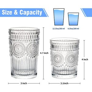 SAIURE Vintage Drinking Glasses, Hobnail/Embossed/Clear Glass Coffee Mugs Set of 8, 10 & 13 oz Thick Modern Kitchen Glassware Cup Set Unique Bubble Cocktails, Cappuccino, Latte, Great Gift