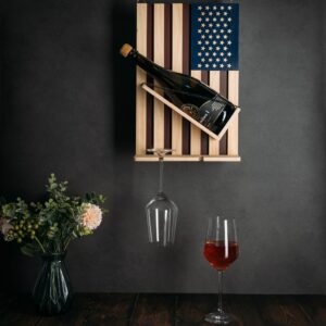 the wine savant american flag wall mounted wine rack, beautiful wine & bottle holder & 2 glasses patriotic home decor - storage display holder - patriots, veterans, military 16" h - gift idea gifts