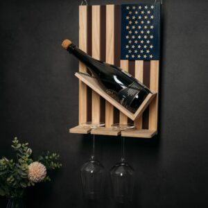 The Wine Savant American Flag Wall Mounted Wine Rack, Beautiful Wine & Bottle Holder & 2 Glasses Patriotic Home Decor - Storage Display Holder - Patriots, Veterans, Military 16" H - Gift Idea Gifts