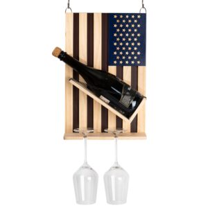 The Wine Savant American Flag Wall Mounted Wine Rack, Beautiful Wine & Bottle Holder & 2 Glasses Patriotic Home Decor - Storage Display Holder - Patriots, Veterans, Military 16" H - Gift Idea Gifts