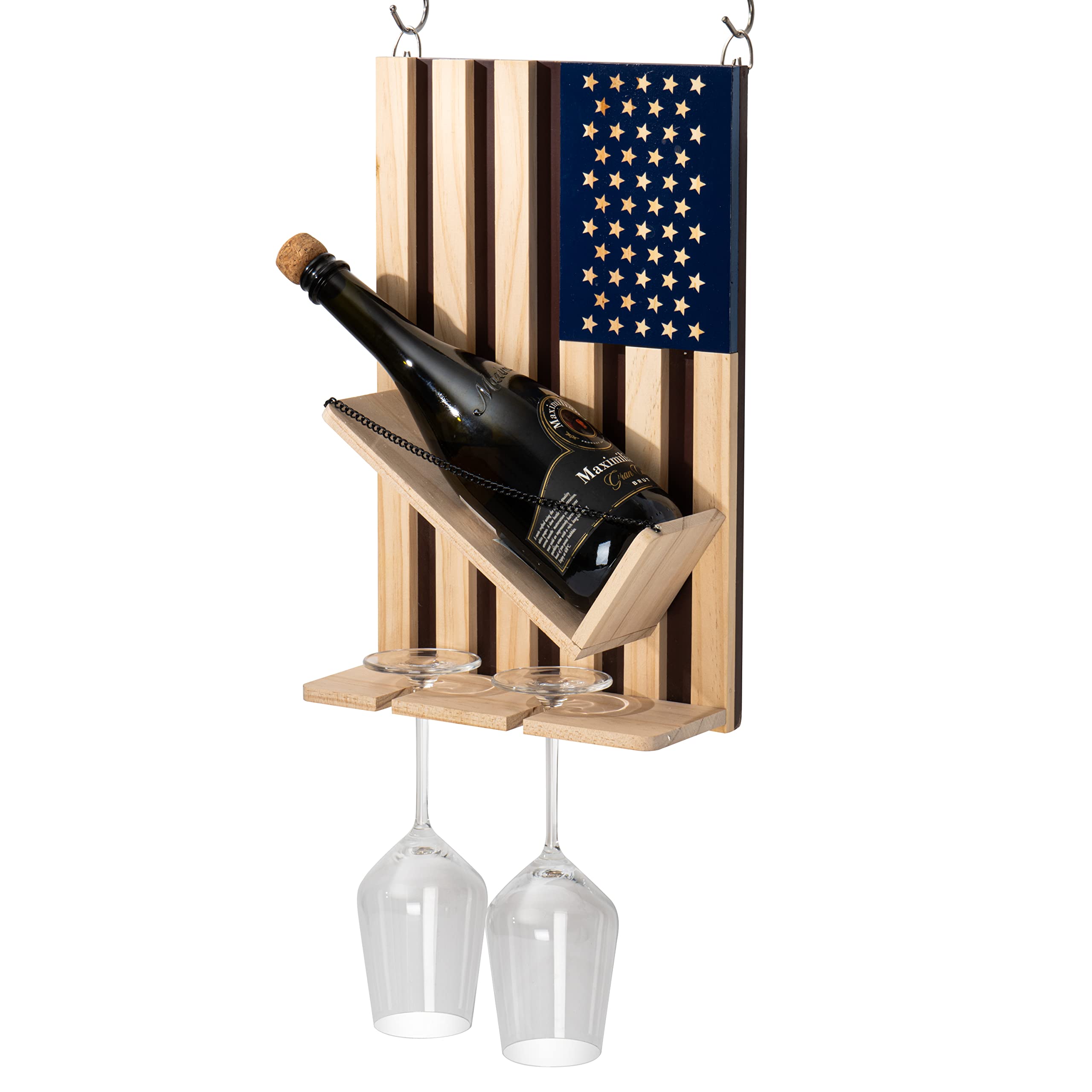 The Wine Savant American Flag Wall Mounted Wine Rack, Beautiful Wine & Bottle Holder & 2 Glasses Patriotic Home Decor - Storage Display Holder - Patriots, Veterans, Military 16" H - Gift Idea Gifts