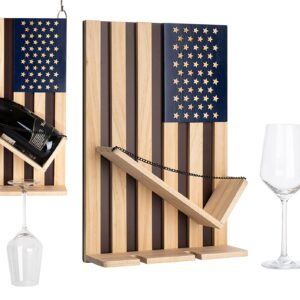 The Wine Savant American Flag Wall Mounted Wine Rack, Beautiful Wine & Bottle Holder & 2 Glasses Patriotic Home Decor - Storage Display Holder - Patriots, Veterans, Military 16" H - Gift Idea Gifts