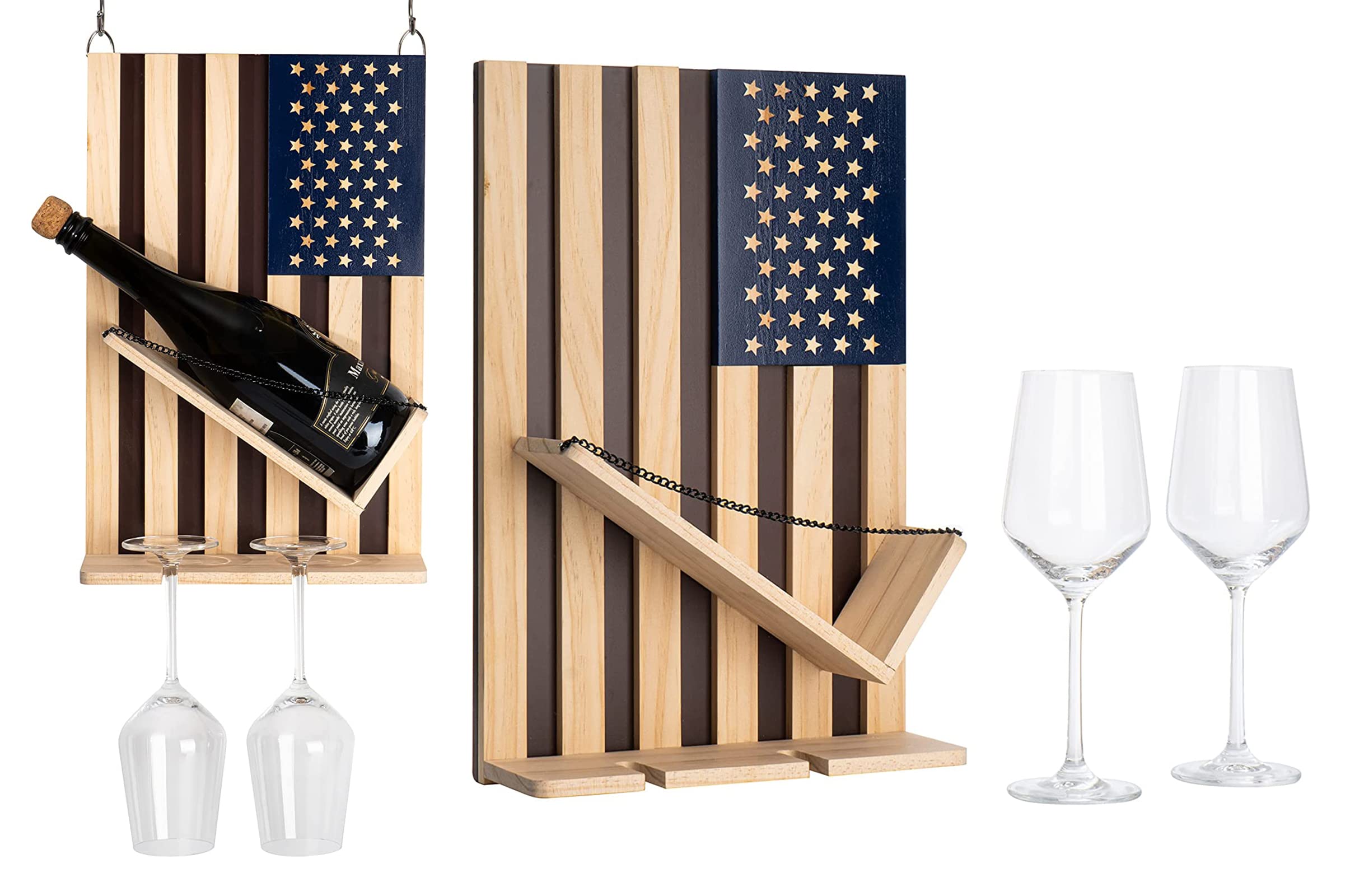 The Wine Savant American Flag Wall Mounted Wine Rack, Beautiful Wine & Bottle Holder & 2 Glasses Patriotic Home Decor - Storage Display Holder - Patriots, Veterans, Military 16" H - Gift Idea Gifts