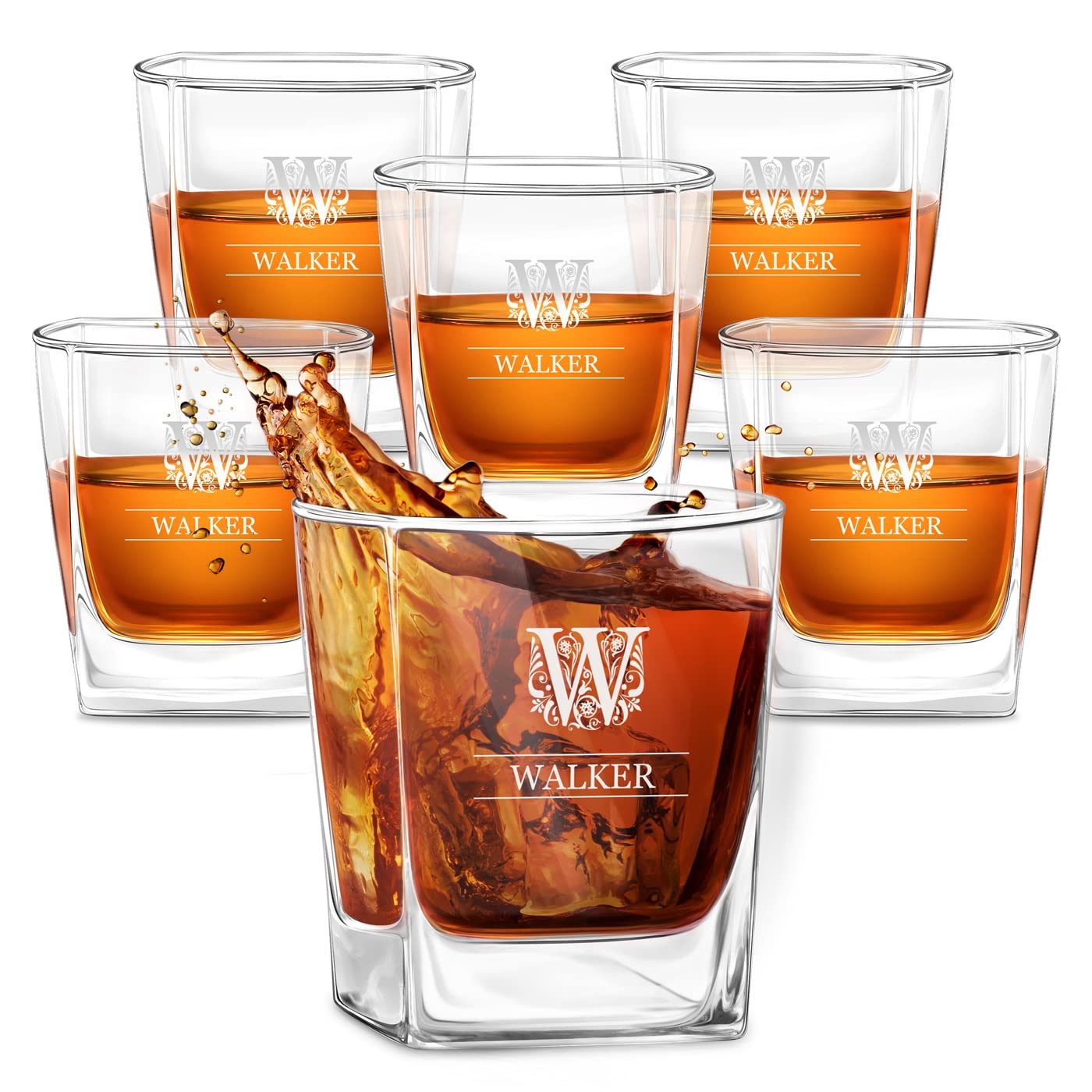 Maverton Whiskey glass set for man - Personalized Tumblers for whiskey - Drinking glass cups - Set of 6 glasses for him - Customized whisky gift for Birthday - Glassware - MONOGRAM