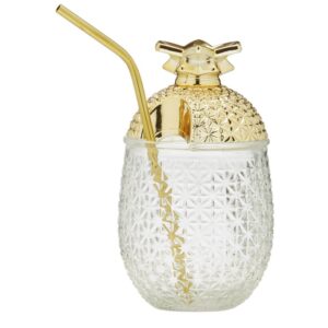 Brilliant - Pineapple Cocktail Glass Cup with Straw and Removable Lid, 15oz. Set of 2