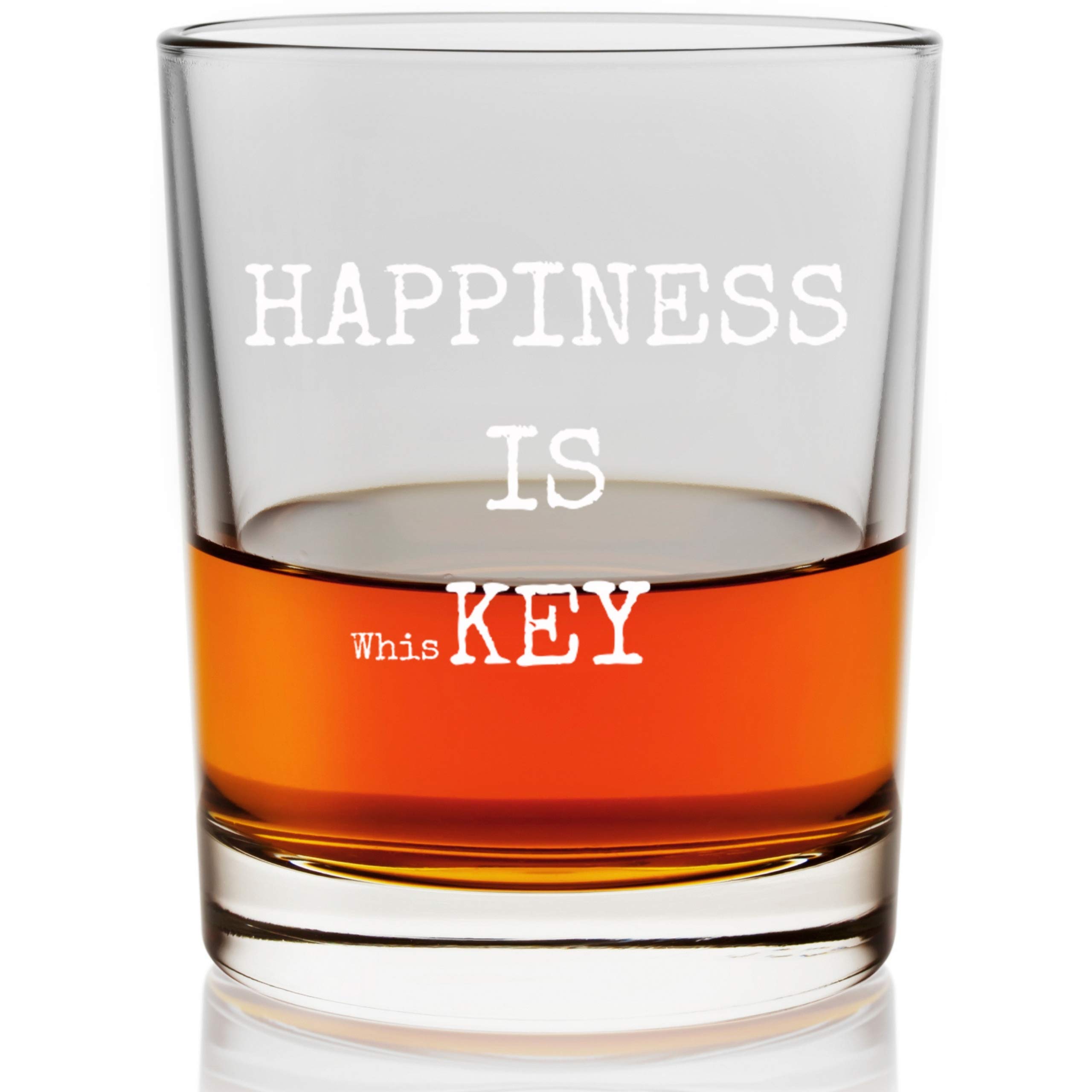 Happiness Is Key | 11 Ounce Rocks Glass | Old Fashioned | Highball Glass for Men Women Dad Father's Day