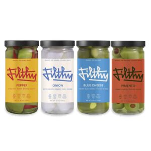 filthy food martini variety pack - blue cheese, pimento, onion, pepper - premium martini garnish - non-gmo & gluten free - 8oz jar, 4 count