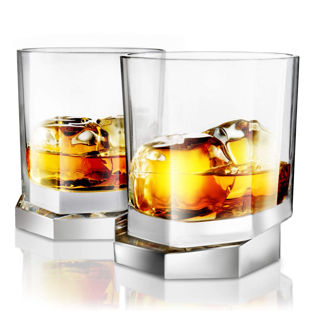 JoyJolt Aqua Vitae Premium Whiskey Glass Set of 2. Octagon Whiskey Glasses with Off Set Base. Old Fashioned Rocks Glasses for Scotch and Bourbon. Whiskey Tumbler Gifts for Men