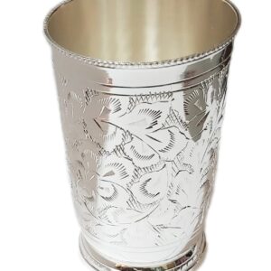 PARIJAT HANDICRAFT Brass beautifully embossed mint julep cup, water tumbler, drinking glass coated with silver