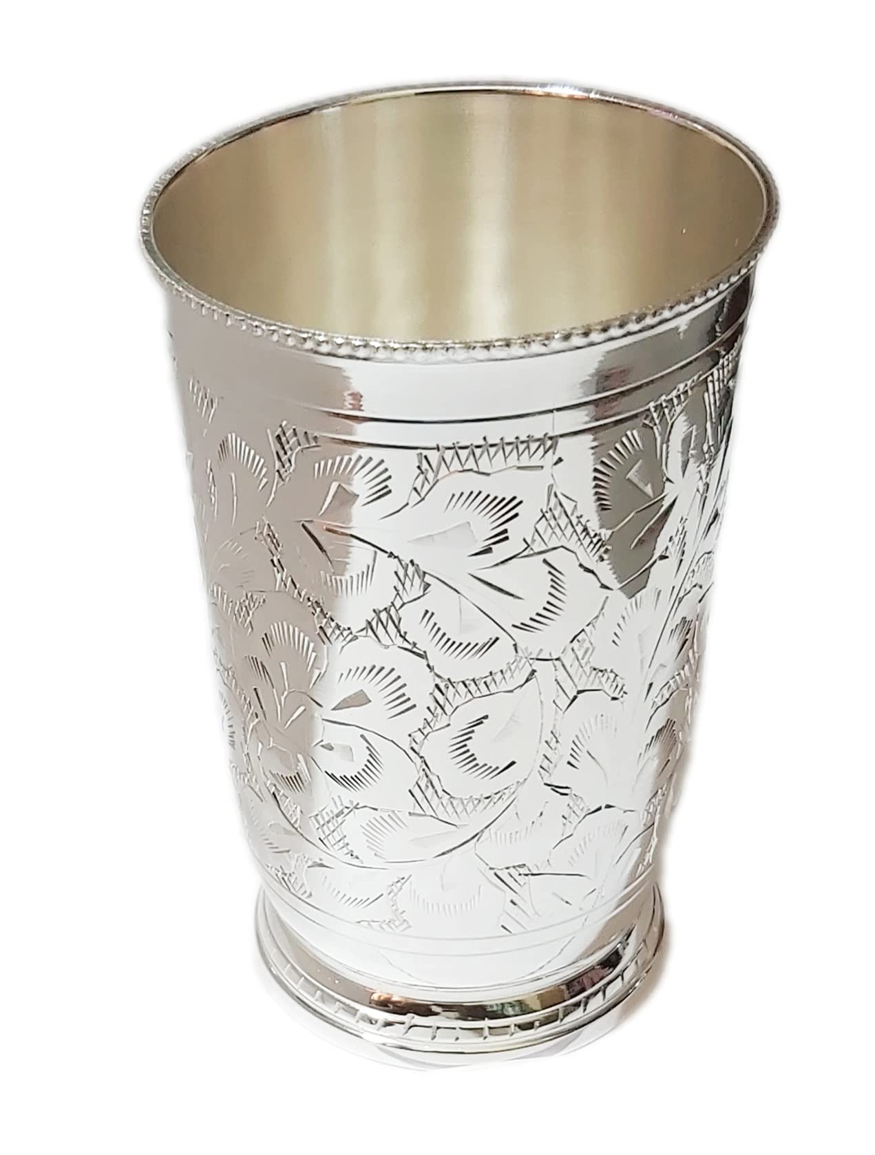 PARIJAT HANDICRAFT Brass beautifully embossed mint julep cup, water tumbler, drinking glass coated with silver