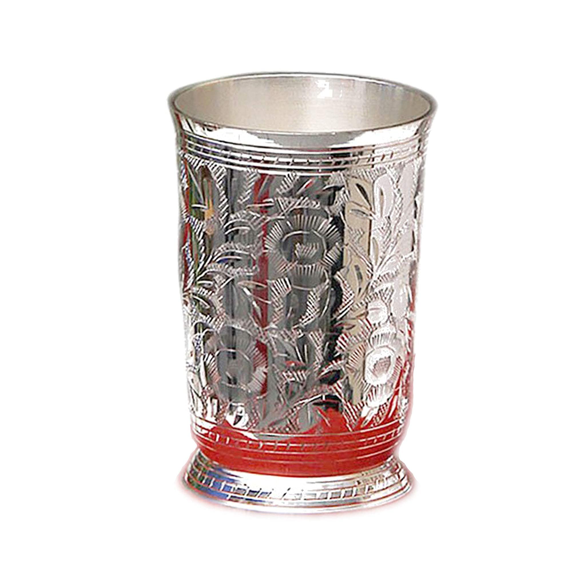 PARIJAT HANDICRAFT Brass beautifully embossed mint julep cup, water tumbler, drinking glass coated with silver