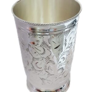 PARIJAT HANDICRAFT Brass beautifully embossed mint julep cup, water tumbler, drinking glass coated with silver