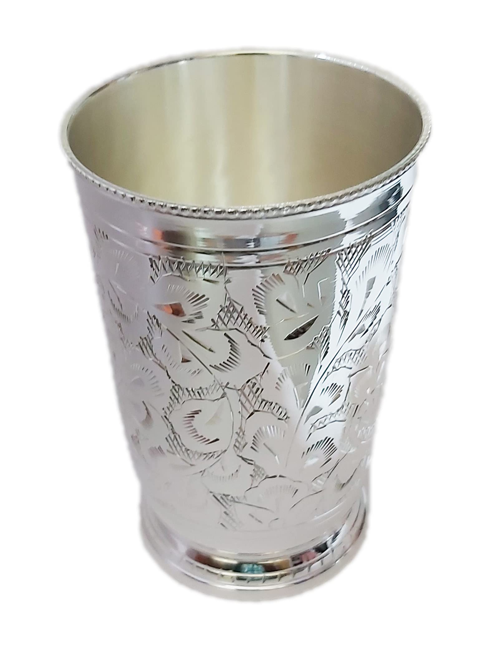 PARIJAT HANDICRAFT Brass beautifully embossed mint julep cup, water tumbler, drinking glass coated with silver