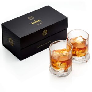 JoyJolt Aqua Vitae Premium Whiskey Glass Set of 2. Octagon Whiskey Glasses with Off Set Base. Old Fashioned Rocks Glasses for Scotch and Bourbon. Whiskey Tumbler Gifts for Men