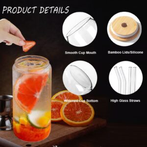 Beer Can Glass with Bamboo Lids and Glass Straws, Father's Day Gift Box 4 Pack 16oz Drinking Glasses with Lids and Straws, Can Shaped Glass Cups, Iced Coffee Cup, Beer Glasses (4pcs)