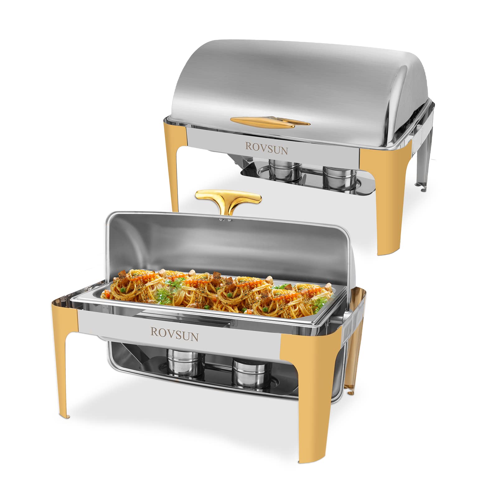 ROVSUN 2 Packs Roll Top Chafing Dish Buffet Set Gold Accent, NSF 9 Quart Rectangular Stainless Steel Chafer, Buffet Servers and Warmers Set Warming Tray for Wedding, Parties, Banquet, Catering Events