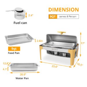 ROVSUN 2 Packs Roll Top Chafing Dish Buffet Set Gold Accent, NSF 9 Quart Rectangular Stainless Steel Chafer, Buffet Servers and Warmers Set Warming Tray for Wedding, Parties, Banquet, Catering Events