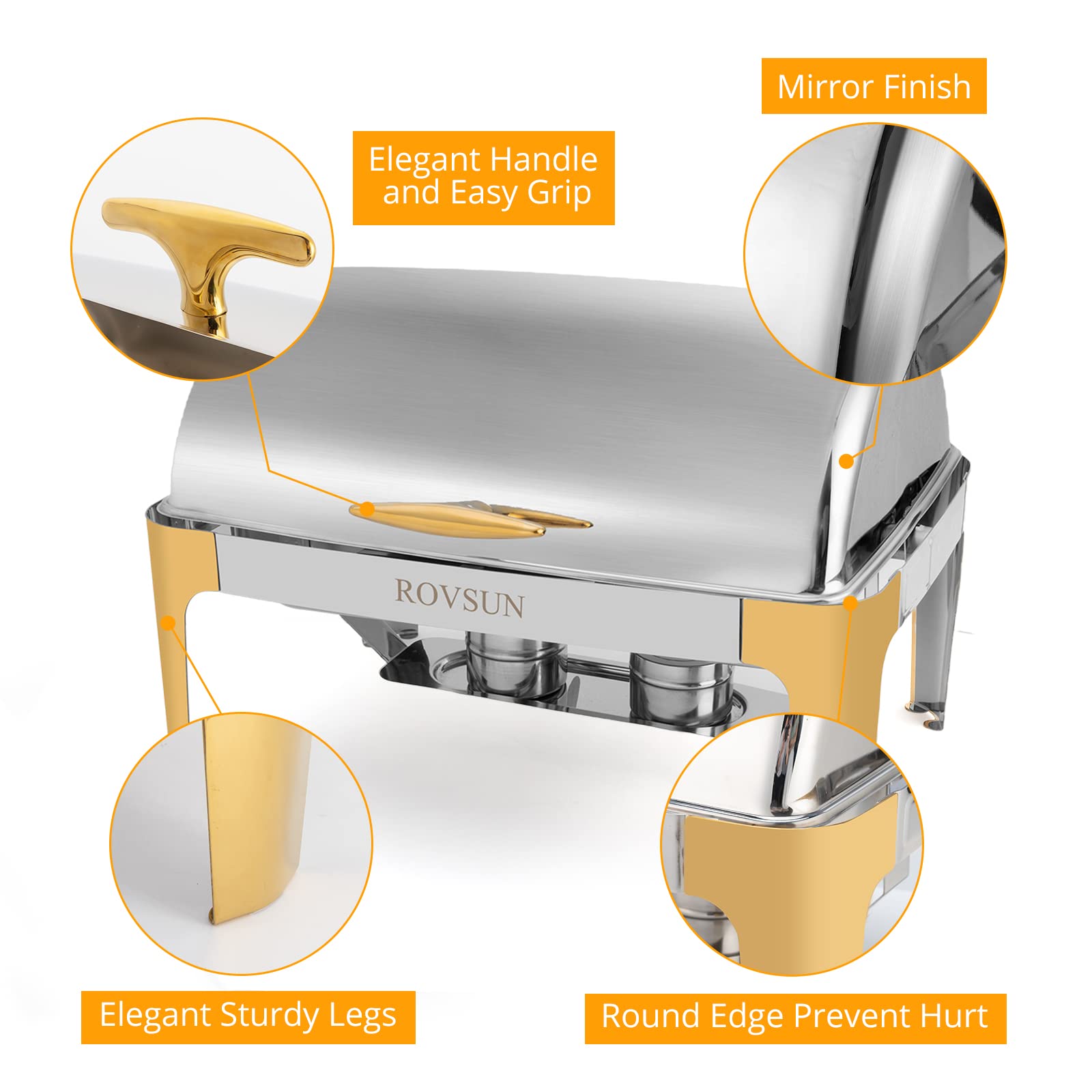 ROVSUN 2 Packs Roll Top Chafing Dish Buffet Set Gold Accent, NSF 9 Quart Rectangular Stainless Steel Chafer, Buffet Servers and Warmers Set Warming Tray for Wedding, Parties, Banquet, Catering Events