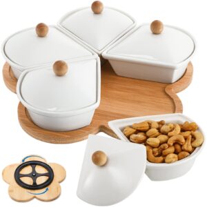 yarlung lazy susan divided serving dishes appetizer tray, 5 removable ceramic snack bowls with lids and bamboo platter, relish tray nuts dishes for chips, fruits, candy