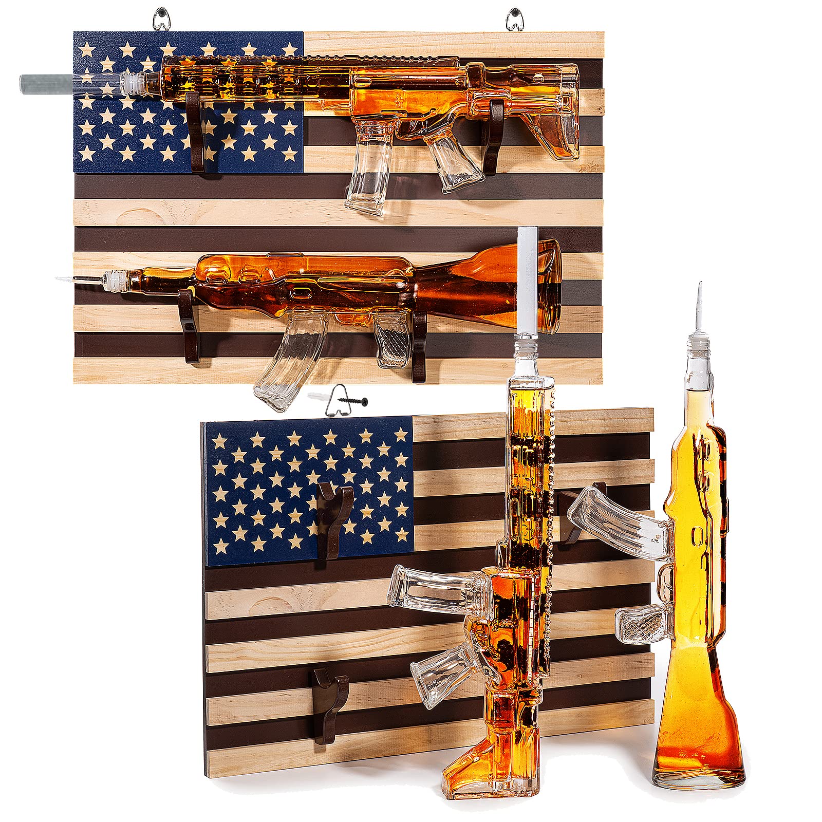 2 Gun Whiskey Decanters Set AR15 and AK47 Gun Decanter 1000ml American Flag Wall Rack by The Wine Savant - Veteran Gifts, Gun Lover Gifts, Tik Tok Gun Decanter, Military Gifts