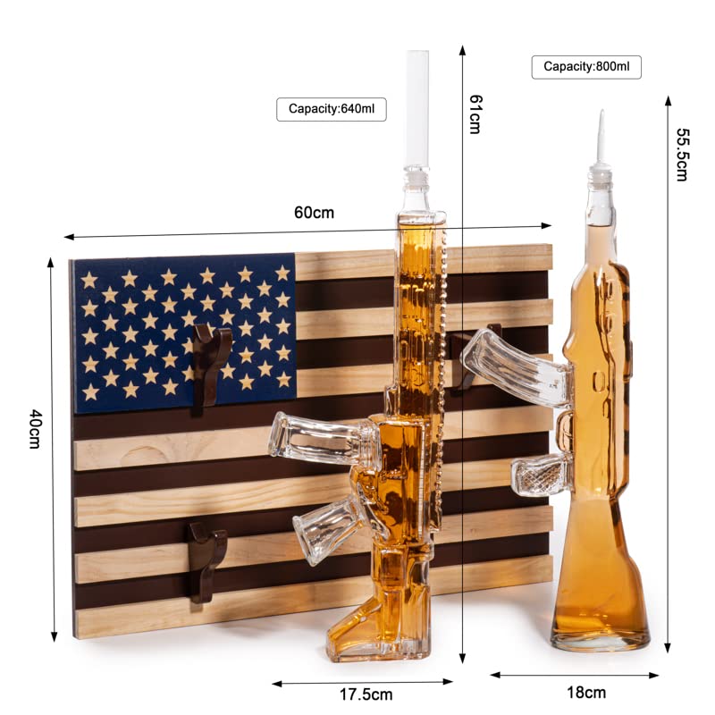 2 Gun Whiskey Decanters Set AR15 and AK47 Gun Decanter 1000ml American Flag Wall Rack by The Wine Savant - Veteran Gifts, Gun Lover Gifts, Tik Tok Gun Decanter, Military Gifts