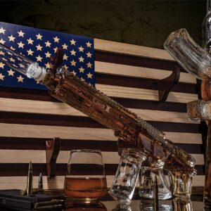 2 Gun Whiskey Decanters Set AR15 and AK47 Gun Decanter 1000ml American Flag Wall Rack by The Wine Savant - Veteran Gifts, Gun Lover Gifts, Tik Tok Gun Decanter, Military Gifts