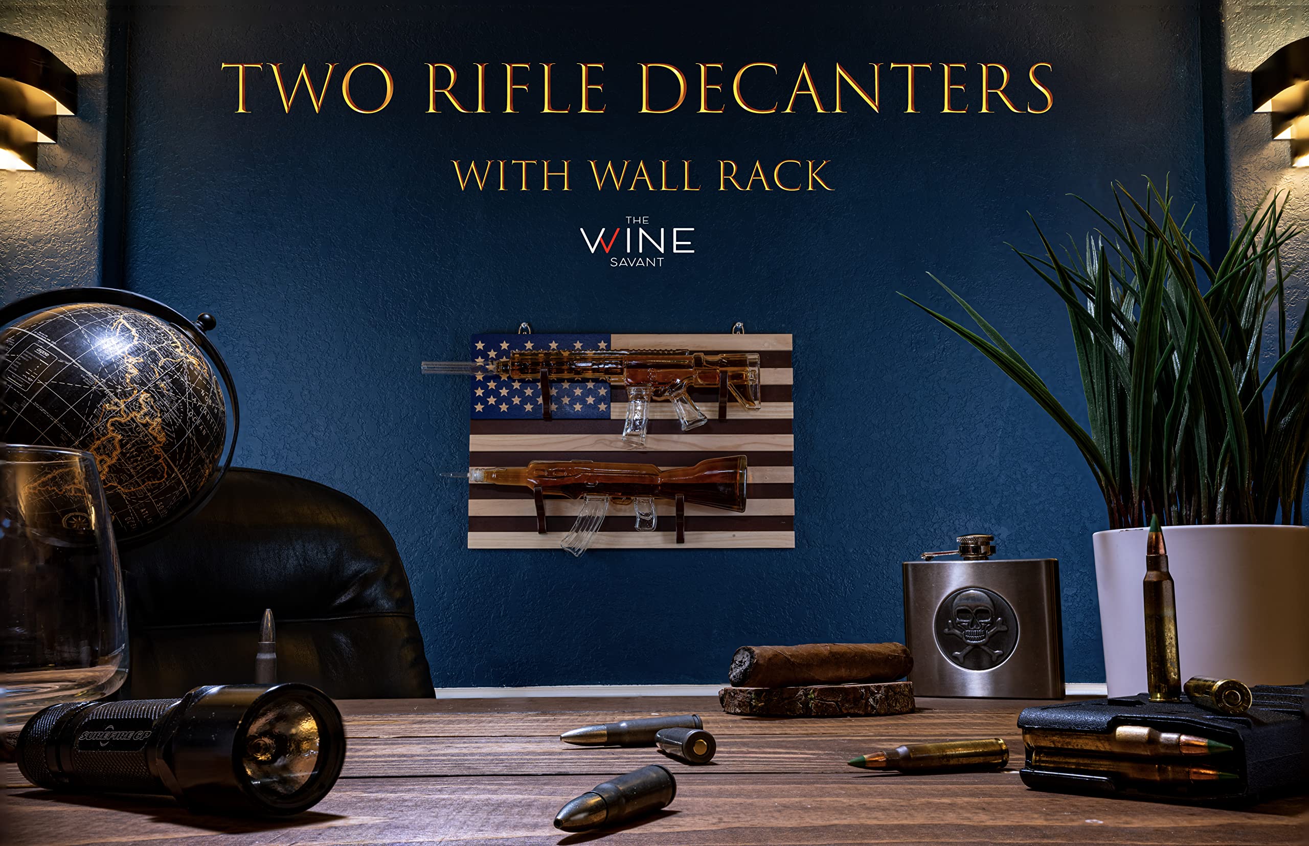 2 Gun Whiskey Decanters Set AR15 and AK47 Gun Decanter 1000ml American Flag Wall Rack by The Wine Savant - Veteran Gifts, Gun Lover Gifts, Tik Tok Gun Decanter, Military Gifts