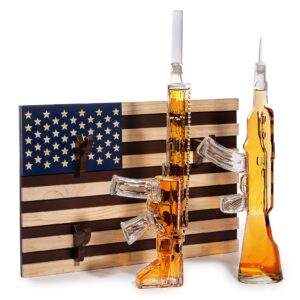 2 Gun Whiskey Decanters Set AR15 and AK47 Gun Decanter 1000ml American Flag Wall Rack by The Wine Savant - Veteran Gifts, Gun Lover Gifts, Tik Tok Gun Decanter, Military Gifts