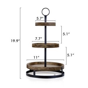 SOFFEE DESIGN 3 Tier Farmhouse Serving Tray, Wooden Table Tiered Serving Tray with Metal Round Decoration Handle for Cup Cakes, Cookie, or Jewelry Display for Kitchen Office