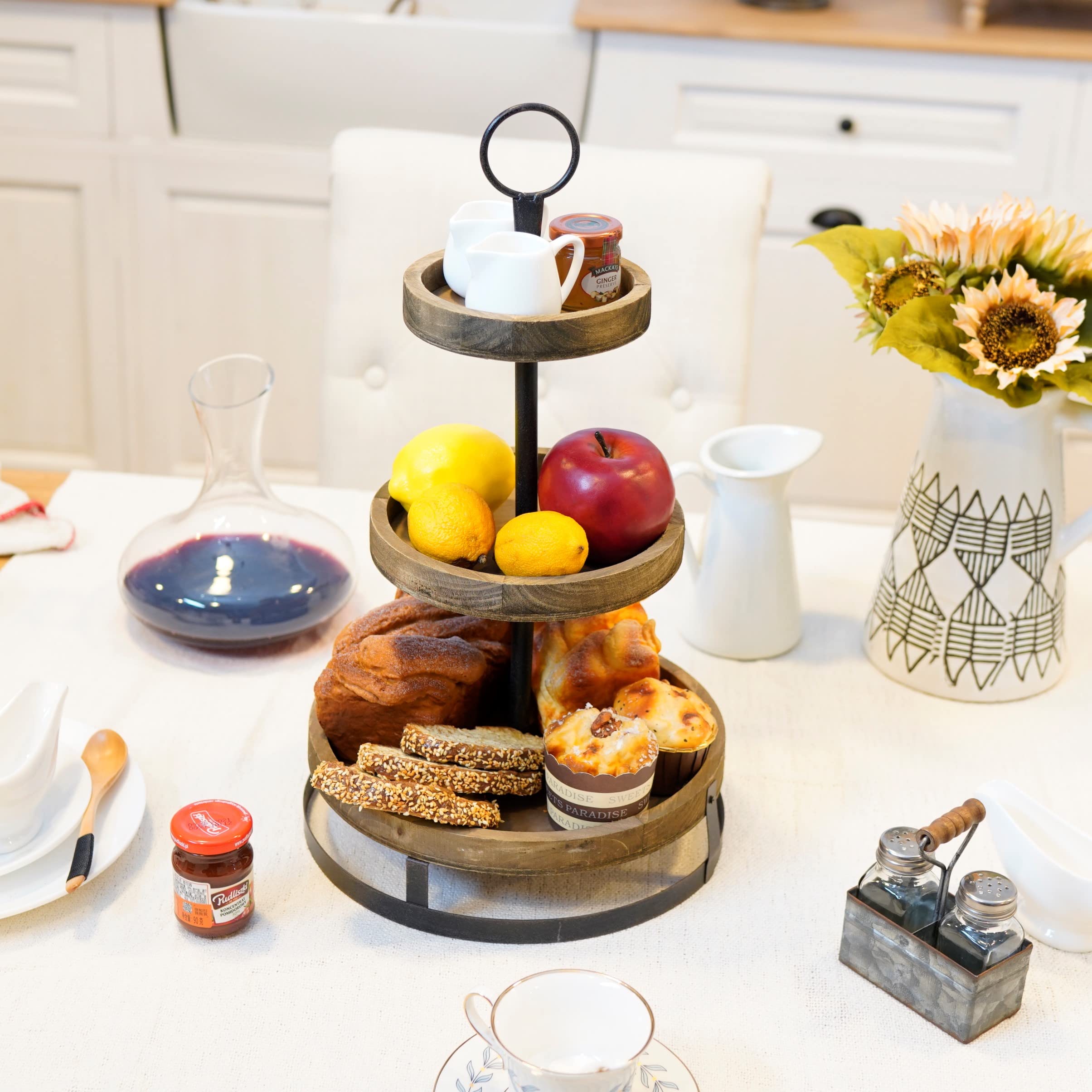 SOFFEE DESIGN 3 Tier Farmhouse Serving Tray, Wooden Table Tiered Serving Tray with Metal Round Decoration Handle for Cup Cakes, Cookie, or Jewelry Display for Kitchen Office