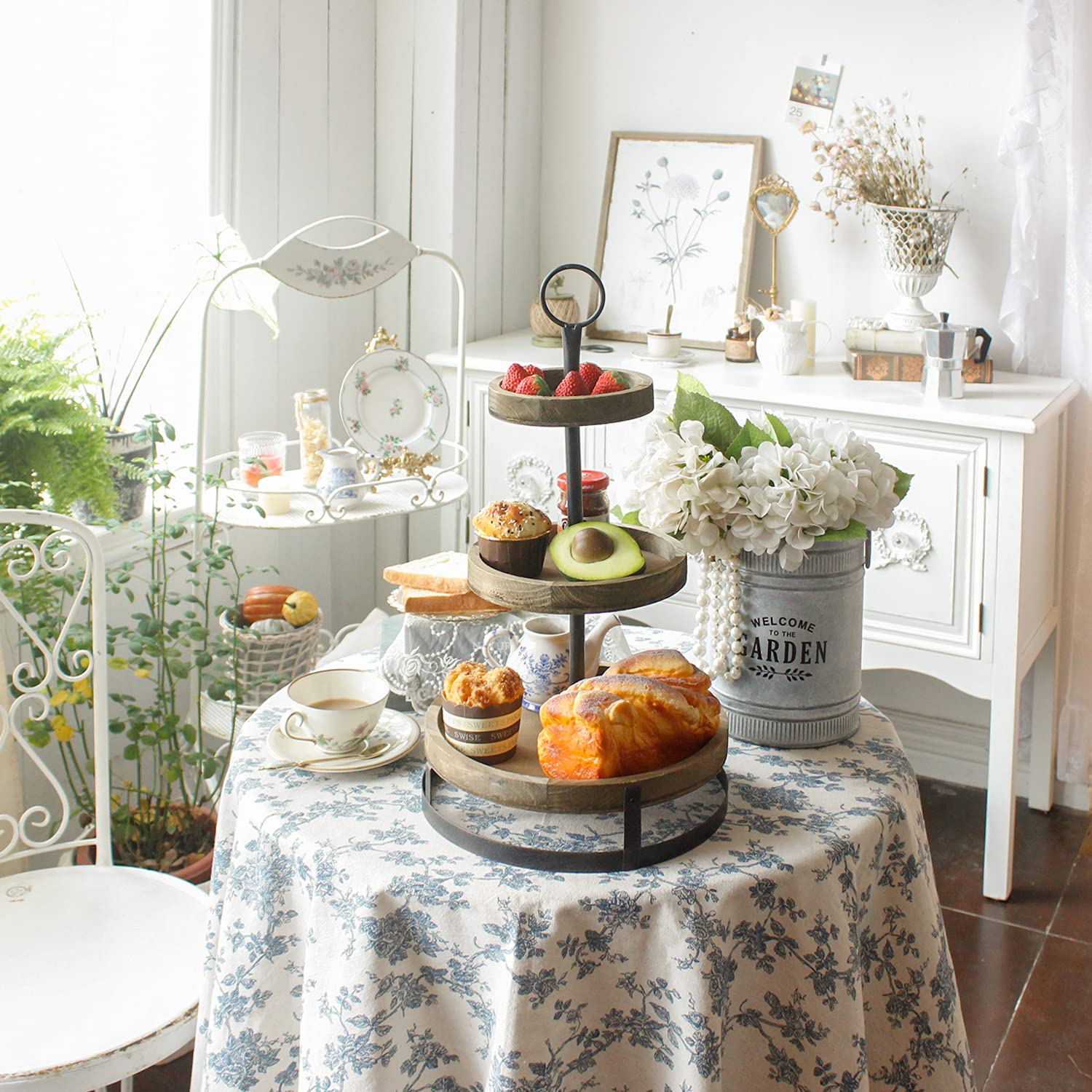 SOFFEE DESIGN 3 Tier Farmhouse Serving Tray, Wooden Table Tiered Serving Tray with Metal Round Decoration Handle for Cup Cakes, Cookie, or Jewelry Display for Kitchen Office